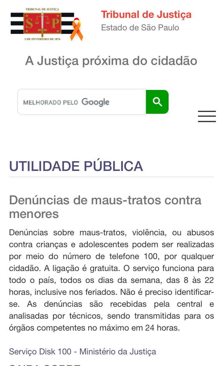 UTILIDADE PÚBLICA – DENÚNCIA DE MAUS TRATOS CONTRA MENORES – SERVIÇO ...