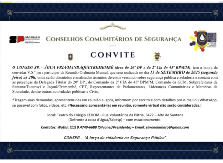 CONVITE – REUNIÃO ORDINÁRIA MENSAL – DIA 15 DE SETEMBRO DE 2025 ÀS 20H ...